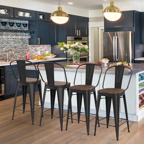 HAOBO Home 24" High Back Barstools Metal Stool with Wooden Seat [Set of 4] Counter Height Bar Stools, Matte Black