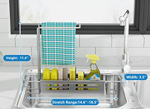BEENLE 304 Stainless Steel Telescopic Sink Caddy Sponge Holder,Expandable Kitchen Sink Organizer Dish Drainer Rack Sink Tray Brush Soap Holder(14.6''-18.5''), Without Chopstick Holder