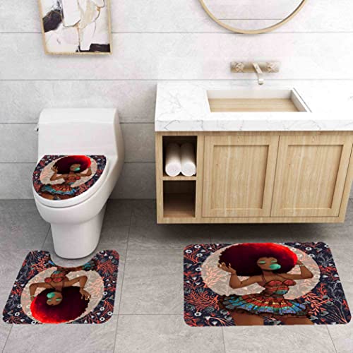 4 Pcs Durable Fabric African American Bathroom Shower Curtain Set,Bathroom Sets with Black Girl Shower Curtain and Rugs,with Toilet Lid Cover and Bath Mat