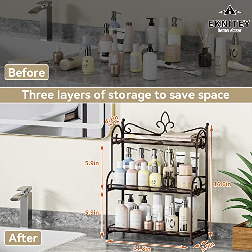 EKNITEY Bathroom Organizer Shelf Countertop - Kitchen Counter Organizer 3 Tier Bathroom Counter Shelves for Makeup Vanity Organizer Brown (No Assembly)