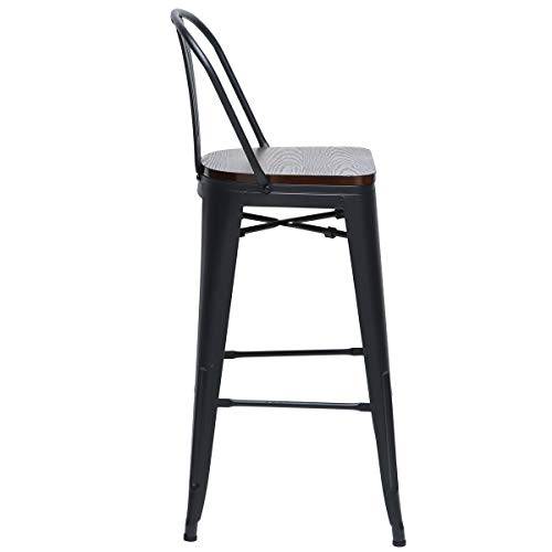 HAOBO Home 24" High Back Barstools Metal Stool with Wooden Seat [Set of 4] Counter Height Bar Stools, Matte Black