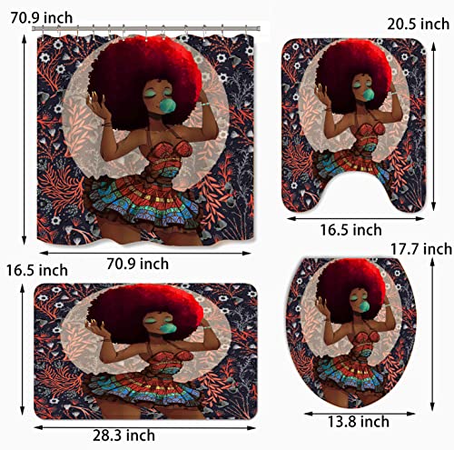 4 Pcs Durable Fabric African American Bathroom Shower Curtain Set,Bathroom Sets with Black Girl Shower Curtain and Rugs,with Toilet Lid Cover and Bath Mat