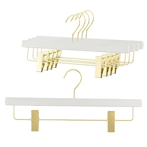 MAWA by Reston Lloyd, European Wooden Hanger, Beech Wood Hanger with Adjustable Pant Clips, Rotating Gold Hook, White Finish, for Pants, Shorts, & Skirt Clothes Hanger