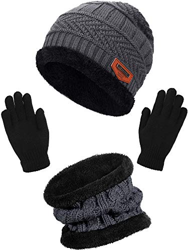Kids Winter Hat Glove Scarf Sets Knitted Toddler Cap Beanie All Fingers Gloves Mitten Neck Warmer for Boys Girls (Black, Grey)