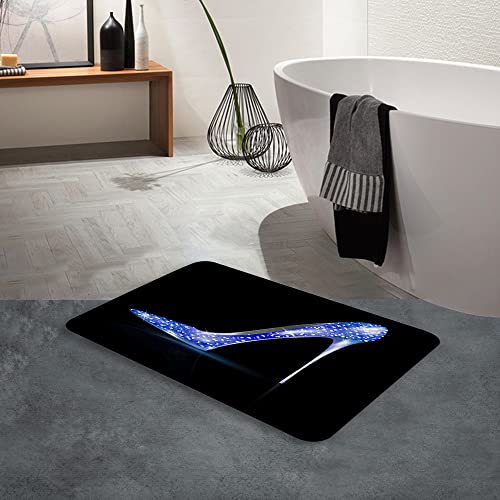 2Pcs Shower Curtain Set with Non-Slip Rug Bath Mat,Girly High Heel Blue Diamond Studded Shoe On Black Beauty Woman Waterproof Bath Curtains with 12 Hooks Bathroom Decoration for Home Hotel
