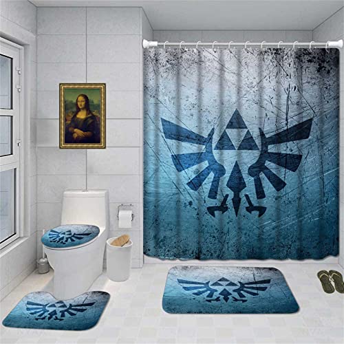 4 Piece The Legend of Shower Curtain Sets with Zelda 12 Hooks,Bathroom Decor Sets,Bath Mat and Toilet Mat Lid Rug Accessories Print,Waterproof(72x72 Inch)