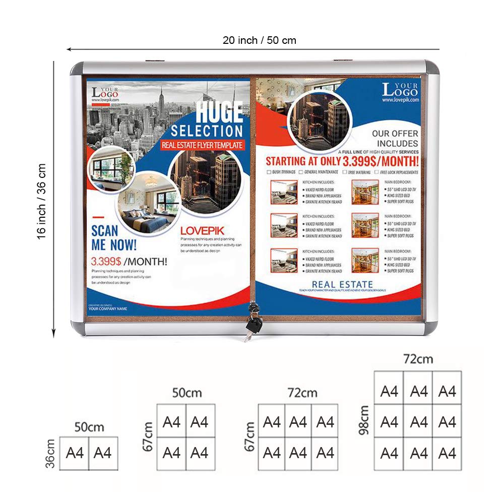 MAKELLO Lockable Bulletin Cork Board Enclosed Display Case with 3 Matching Keys for Indoor, Silver Aluminum Frame, 20x16inches (2xA4)