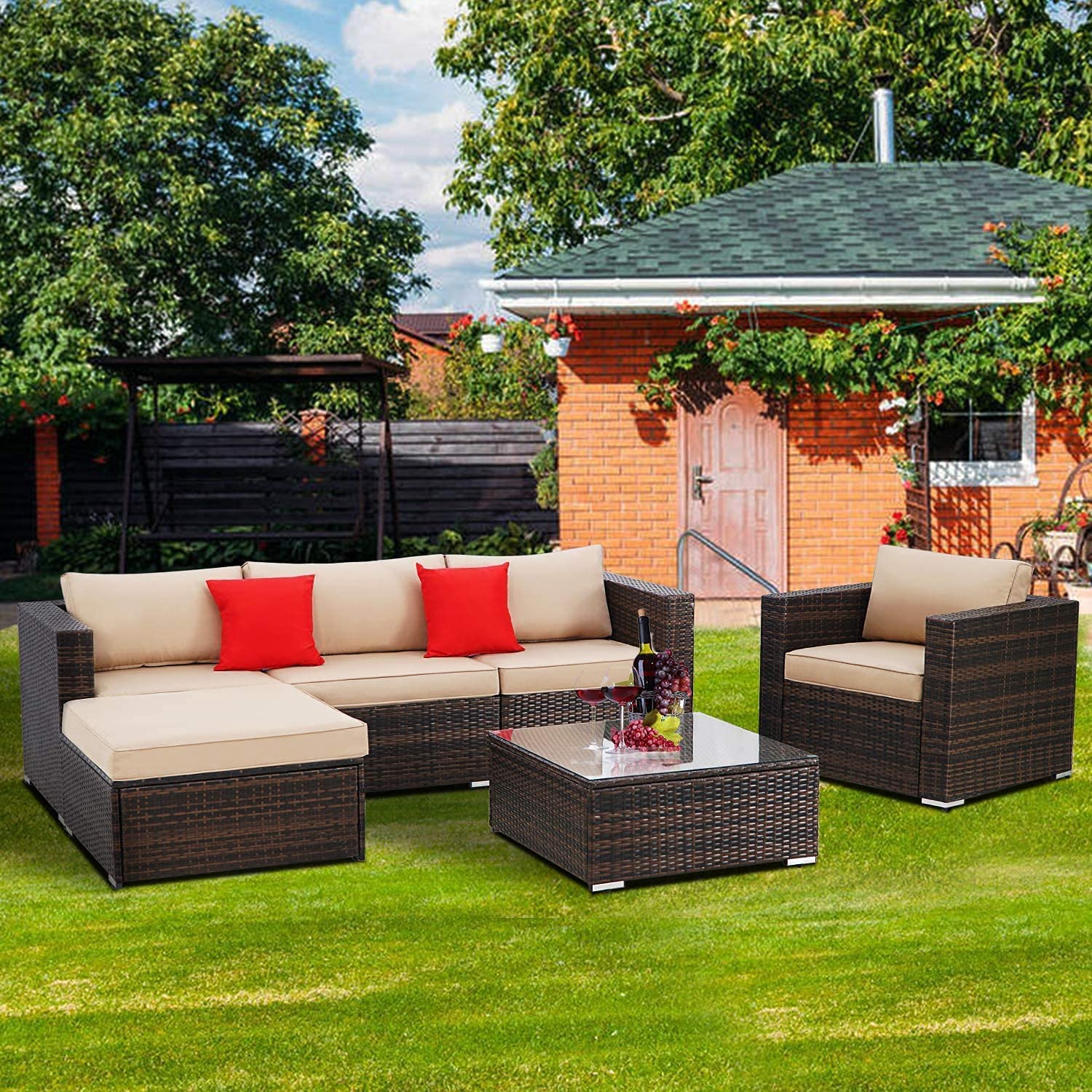 Incbruce 6 Piece Outdoor Patio Sofa Set, PE Rattan Wicker Patio Furniture Set All-Weather Patio Conversation Set with Glass Table and Removable Cushions (Brown)