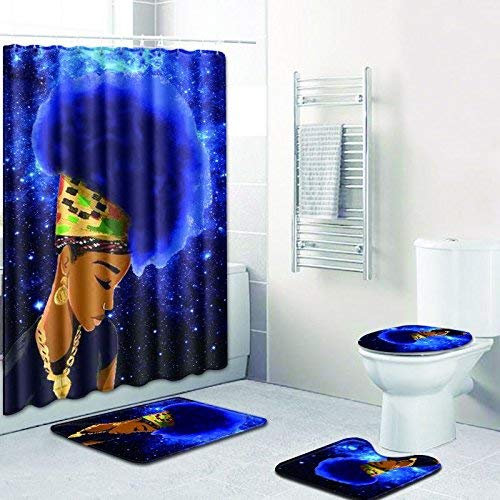 EVERMARKET Creative Colorful Printing Toilet Pad Cover Bath Mat Shower Curtain Set for Bathroom Decor,4 Pcs Set - 1 Shower Curtain & 3 Toilet Mat and Lid Cover (African Woman Galaxy)