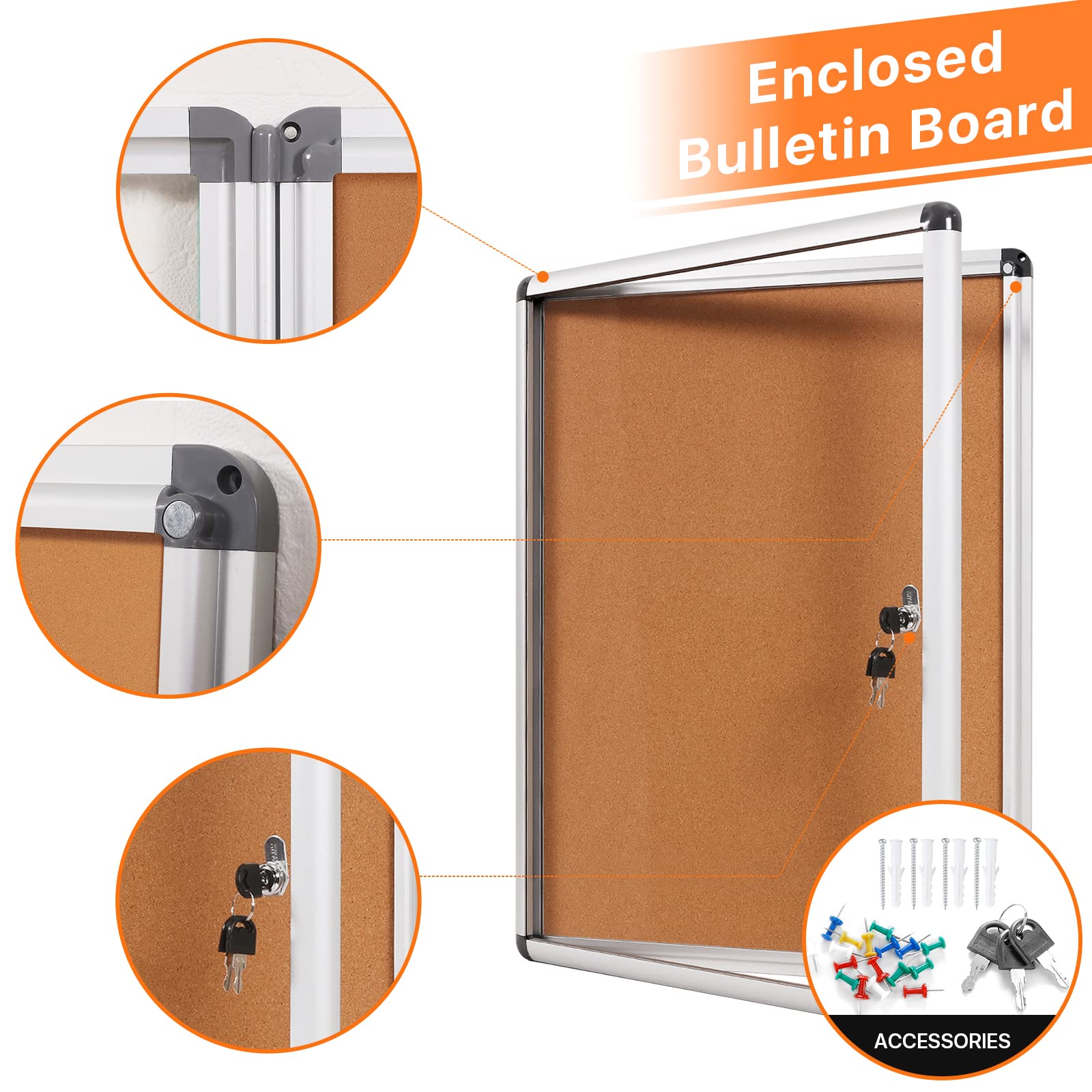 MAKELLO Lockable Bulletin Cork Board Enclosed Display Case with 3 Matching Keys for Indoor, Silver Aluminum Frame, 20x16inches (2xA4)
