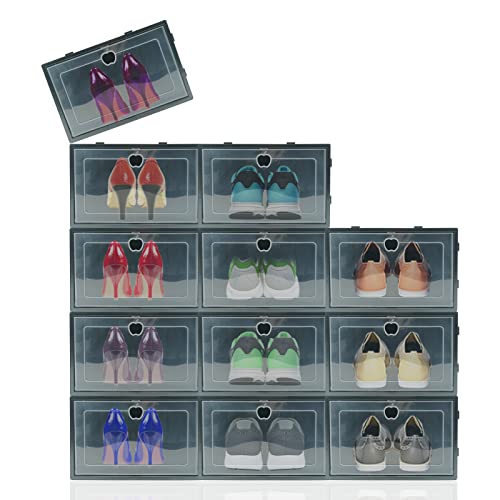 ikaufen 12 Pack Shoe Organizer Boxes, Shoe Boxes Black Plastic Stackable,Shoe Storage Bins for Closet,Space Saving Shoe Containers For Sneaker Display, Fit up to US Size 12(13”x 9.1”x 5.5”)