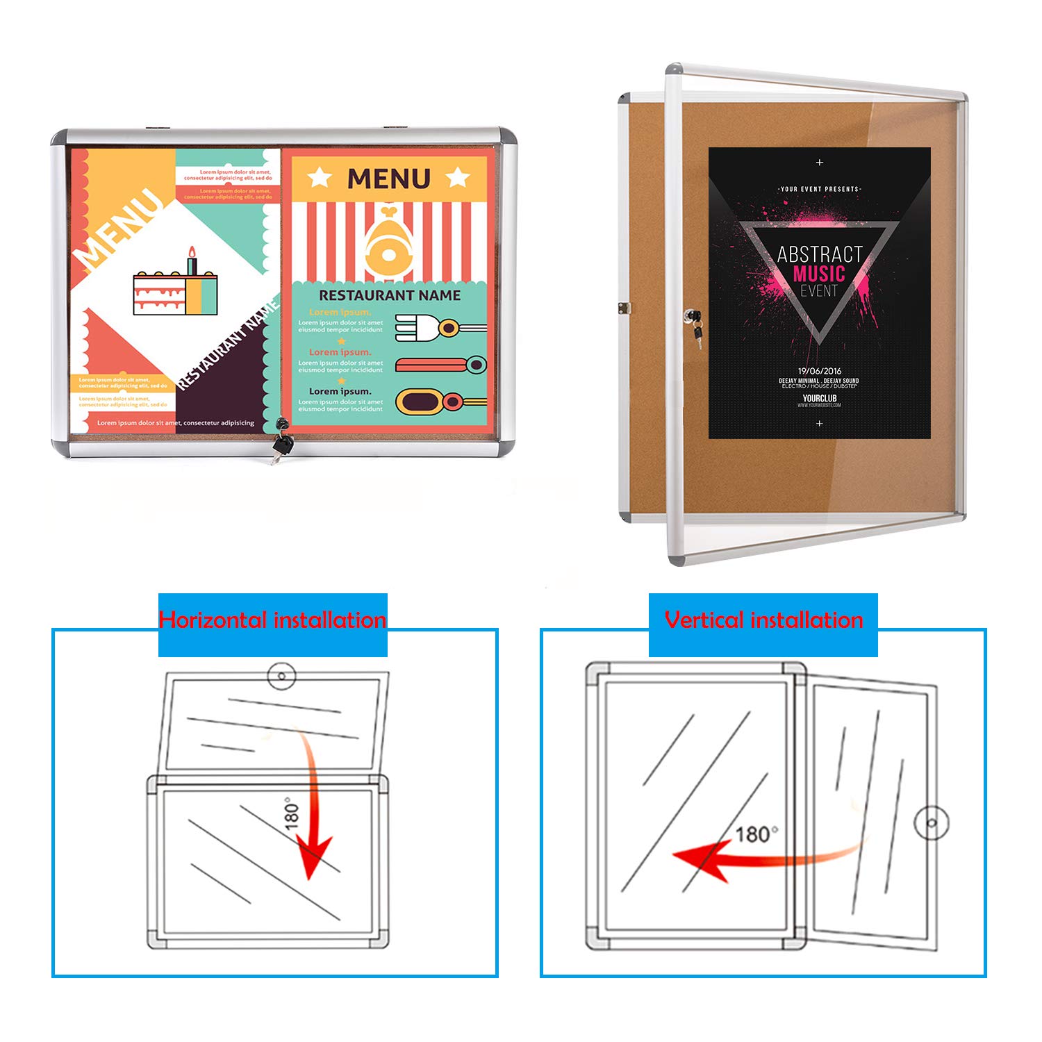 MAKELLO Lockable Bulletin Cork Board Enclosed Display Case with 3 Matching Keys for Indoor, Silver Aluminum Frame, 20x16inches (2xA4)
