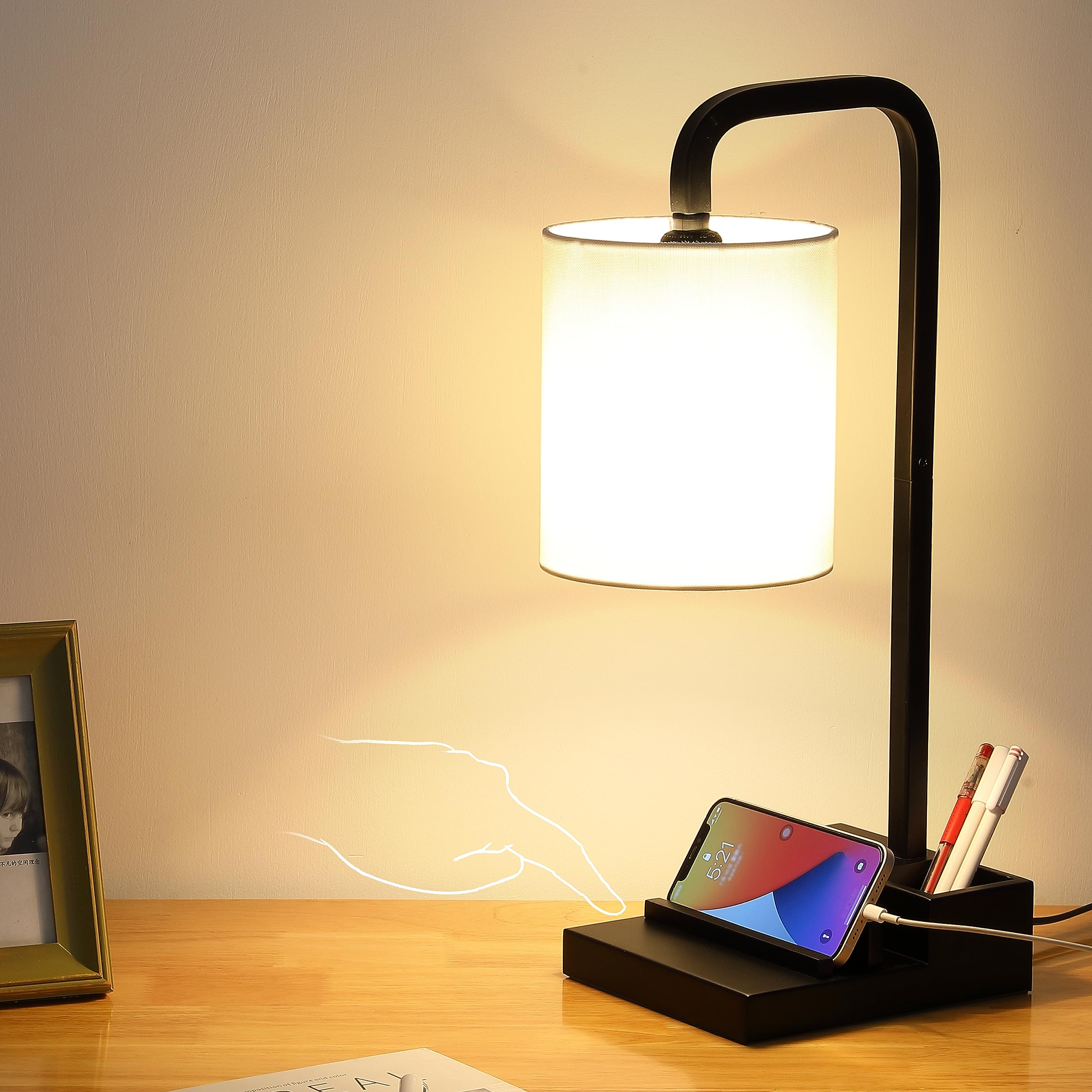 Iporovon 3-Way Dimmable Touch Control Lamps for Nightstand, Bedside Lamp with USB Ports & Outlet, Linen Shade, 2 Phone Stand & Pen Holder, Modern Desk Side Table Lamp for Bedroom Living Room Reading