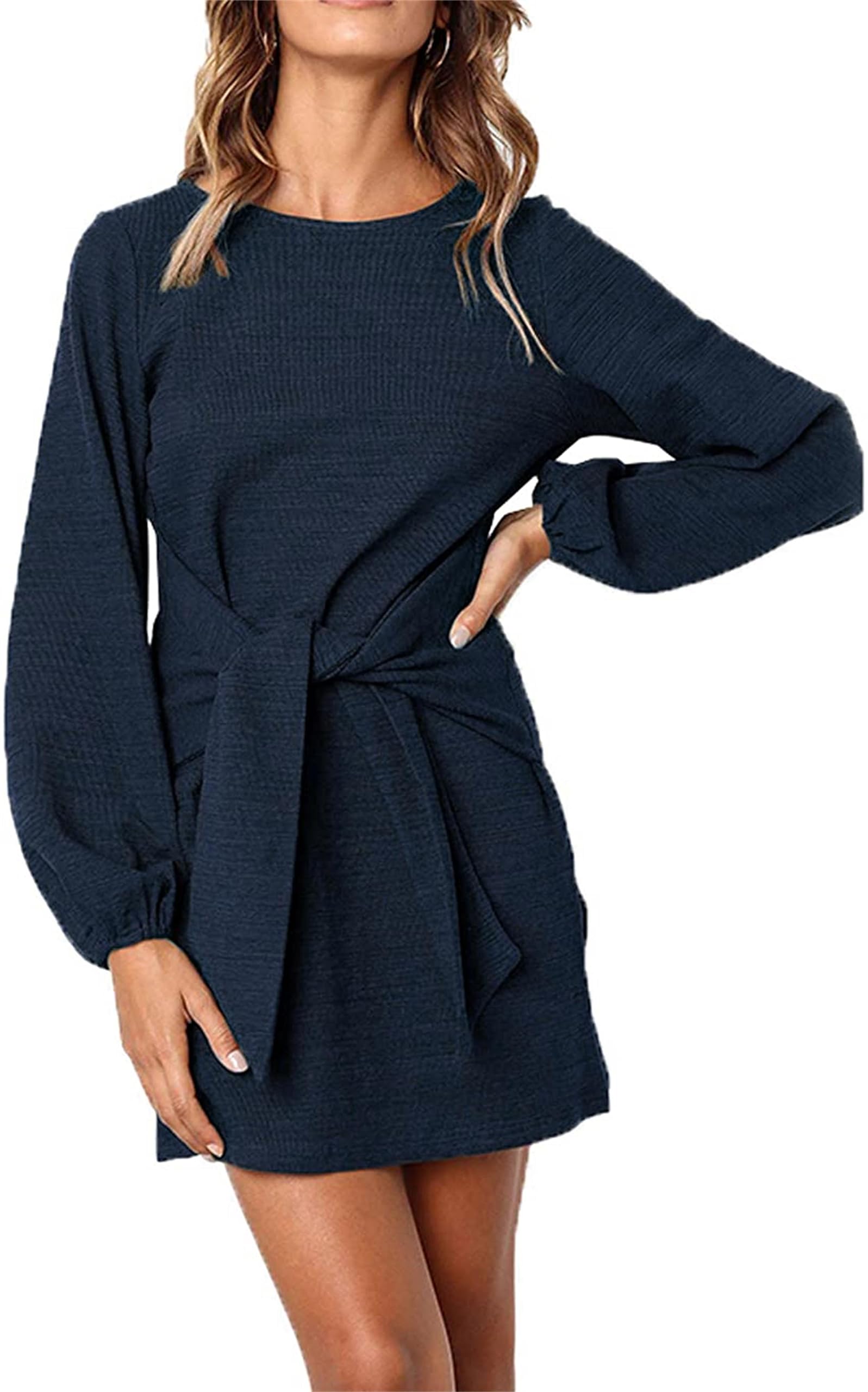 PRETTYGARDEN Women's Elegant Long Lantern Sleeve Short Dress Crewneck Tie Waist Knit Cocktail Dress(Navy,X-Large)