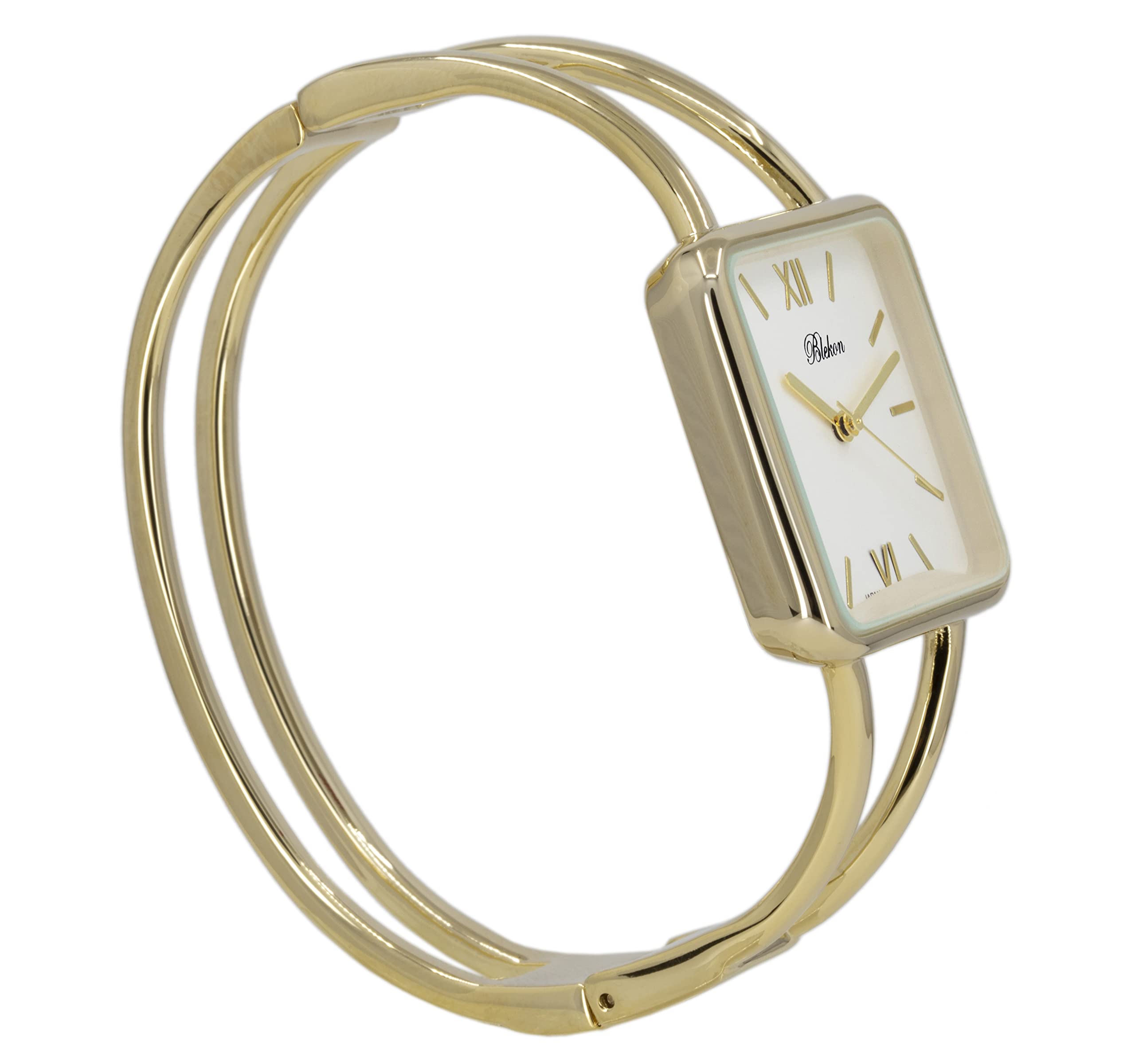 Blekon Collections Womens 30mm Square Elegant Metal Cuff Bangle Fashion Watch (Gold)