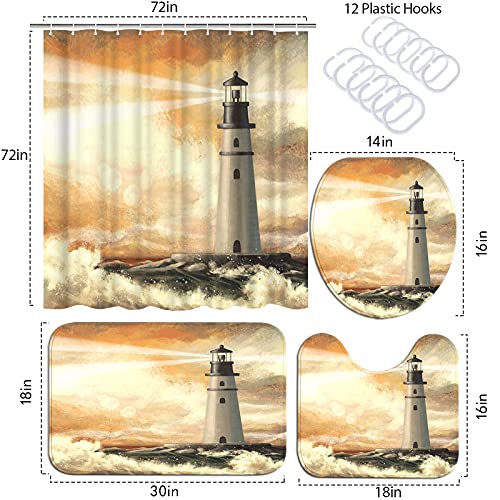 SiMiWOW Lighthouse Shower Curtain Set with Rugs,Nautical Ocean Lighthouse Rugs Bathroom Decor Sets