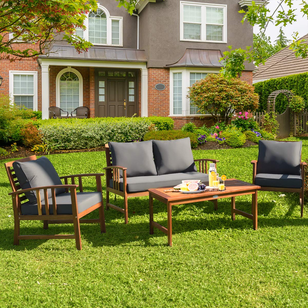 Tangkula 4 PCS Acacia Wood Patio Furniture Set, Outdoor Seating Chat Set with Gray Cushions & Back Pillow, Outdoor Conversation Set with Coffee Table, Ideal for Garden, Backyard, Poolside