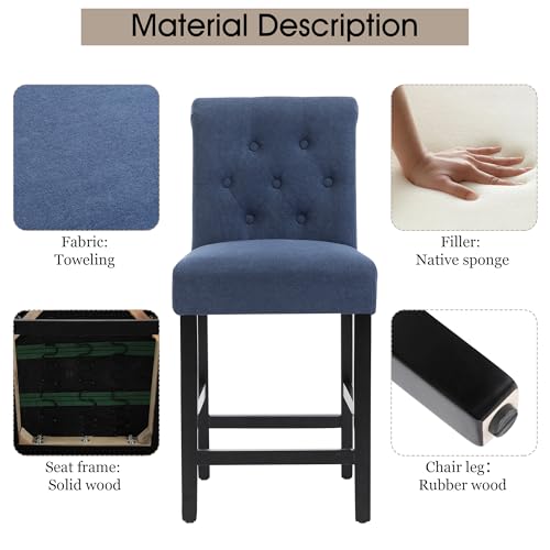 LSSBOUGHT 24 Inches Upholstered Counter Stools, Bar Stools Set of 2, Fabric Counter Stools with Back, Counter Height Bar Chairs with Solid Wood Legs for Home Kitchen Island Dining Room, (2pcs,Blue)