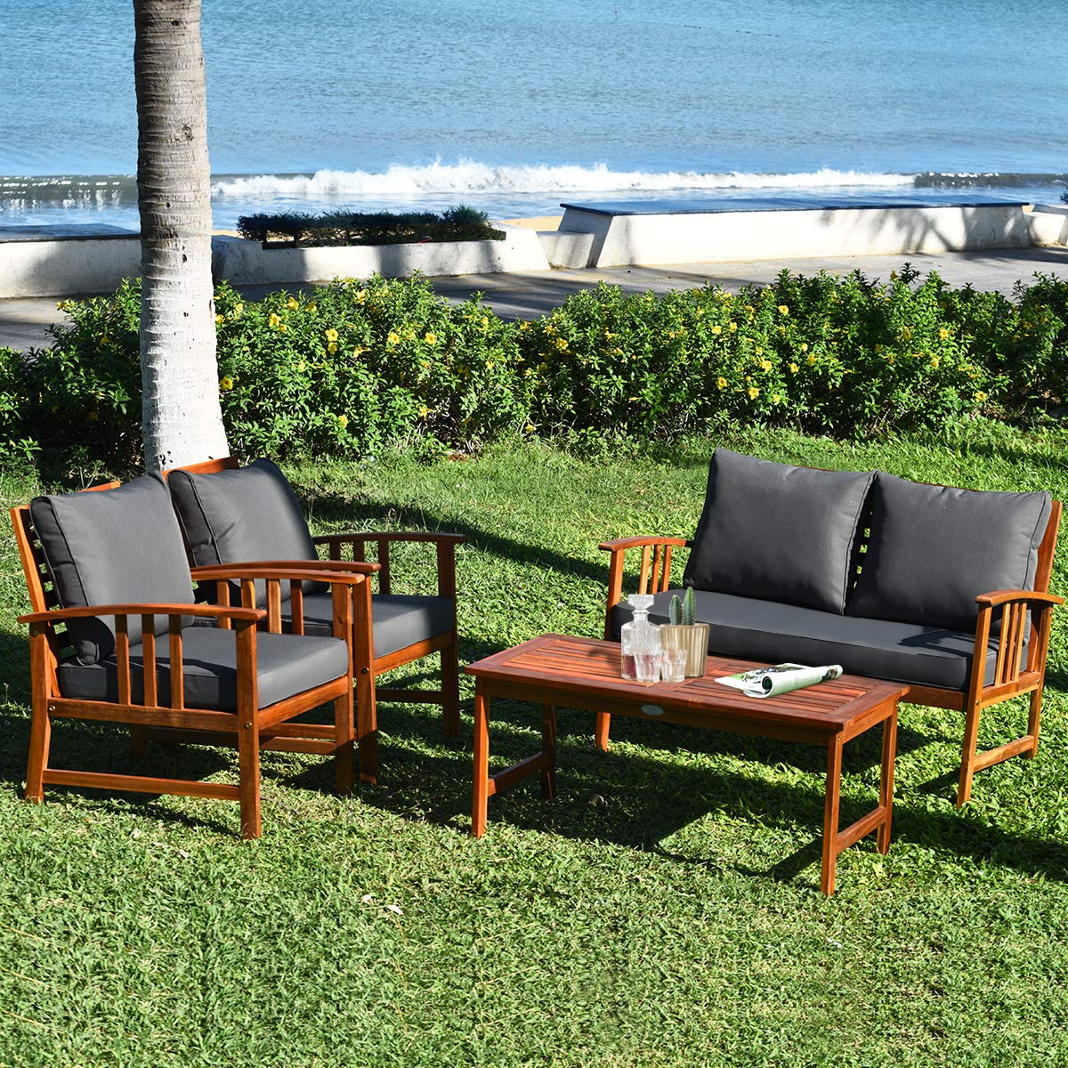 Tangkula 4 PCS Acacia Wood Patio Furniture Set, Outdoor Seating Chat Set with Gray Cushions & Back Pillow, Outdoor Conversation Set with Coffee Table, Ideal for Garden, Backyard, Poolside
