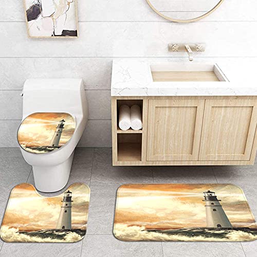 SiMiWOW Lighthouse Shower Curtain Set with Rugs,Nautical Ocean Lighthouse Rugs Bathroom Decor Sets