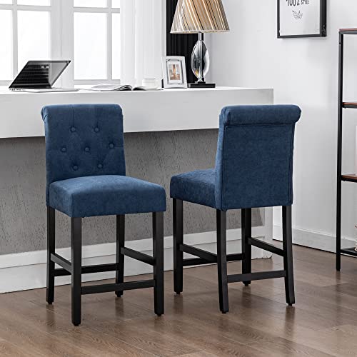 LSSBOUGHT 24 Inches Upholstered Counter Stools, Bar Stools Set of 2, Fabric Counter Stools with Back, Counter Height Bar Chairs with Solid Wood Legs for Home Kitchen Island Dining Room, (2pcs,Blue)