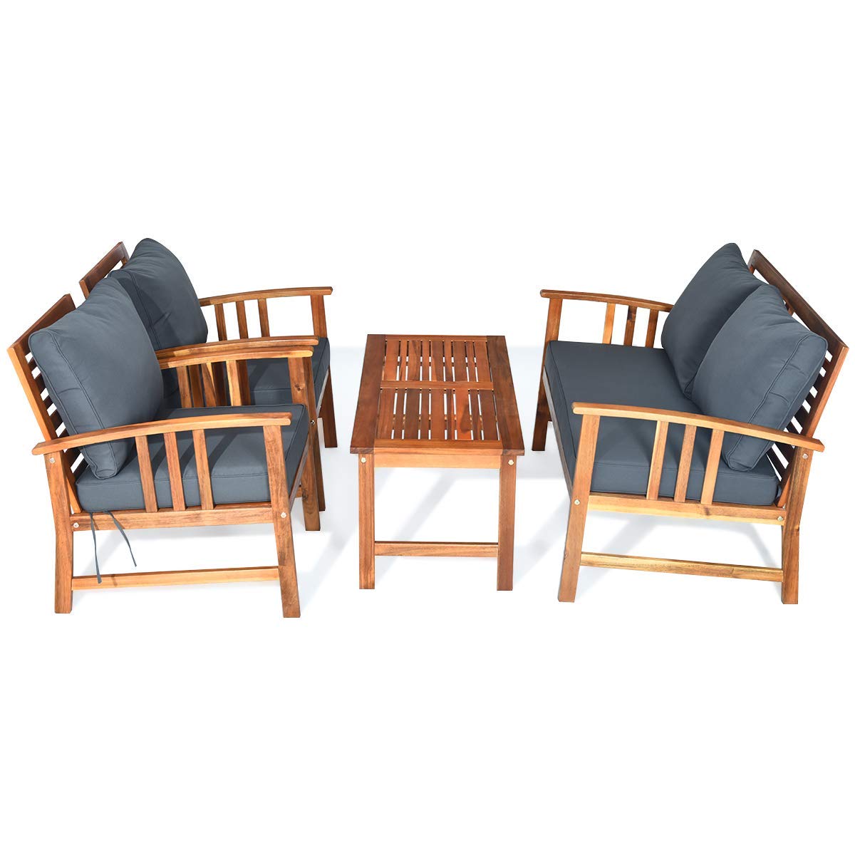 Tangkula 4 PCS Acacia Wood Patio Furniture Set, Outdoor Seating Chat Set with Gray Cushions & Back Pillow, Outdoor Conversation Set with Coffee Table, Ideal for Garden, Backyard, Poolside