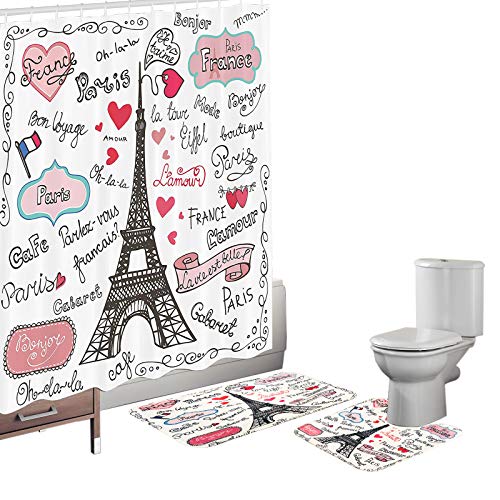 Amagical Paris Tower Decor Collection France Paris Oh La La Eiffel Tower Pattern 3 Piece Bathroom Mat Set Shower Curtain Set Bath Mat Contour Mat and Shower Curtain with 12 Hook