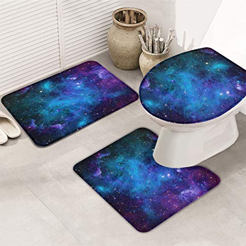 3 Piece Bath Rugs Sets, Colorful Starry Sky Universe Galaxy Non Slip Bathroom Carpet, Water Absorbent U-Shaped Toilet Mat, Toilet Lid Cover