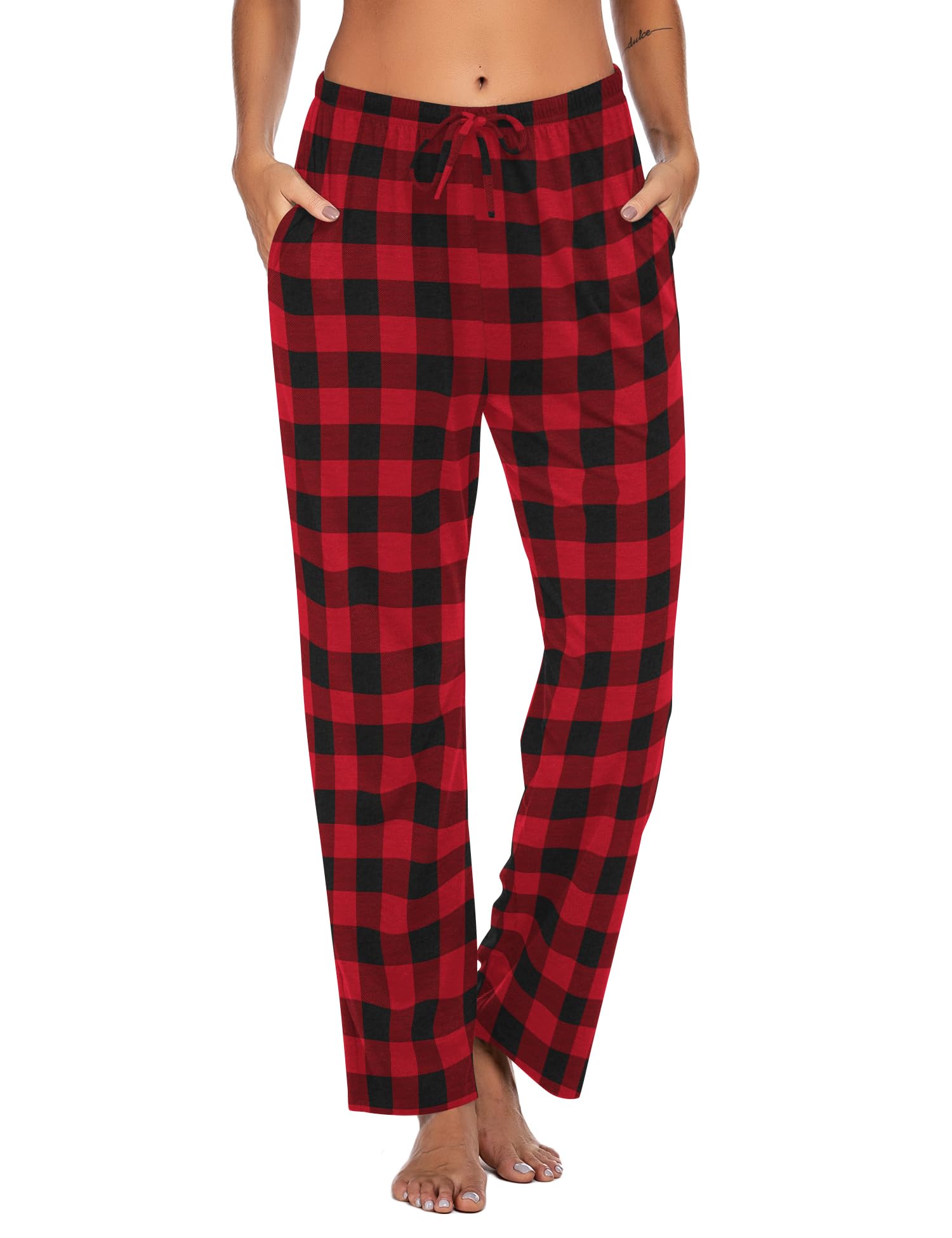 Ekouaer Women Pajama Pants Comfy Pj Bottom with Pockets Stretch Plaid Sleepwear Red and Black Plaid Medium