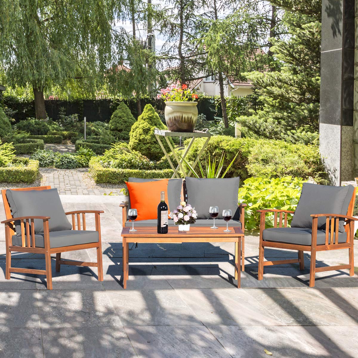 Tangkula 4 PCS Acacia Wood Patio Furniture Set, Outdoor Seating Chat Set with Gray Cushions & Back Pillow, Outdoor Conversation Set with Coffee Table, Ideal for Garden, Backyard, Poolside