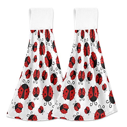 Red Ladybugs Texture 2 Pcs Hanging Kitchen Hand Towels, Hanging Tie Towels with Hook & Loop Washcloth Dishcloths Sets Decorative Absorbent Tea Bar Bath Hand Towel