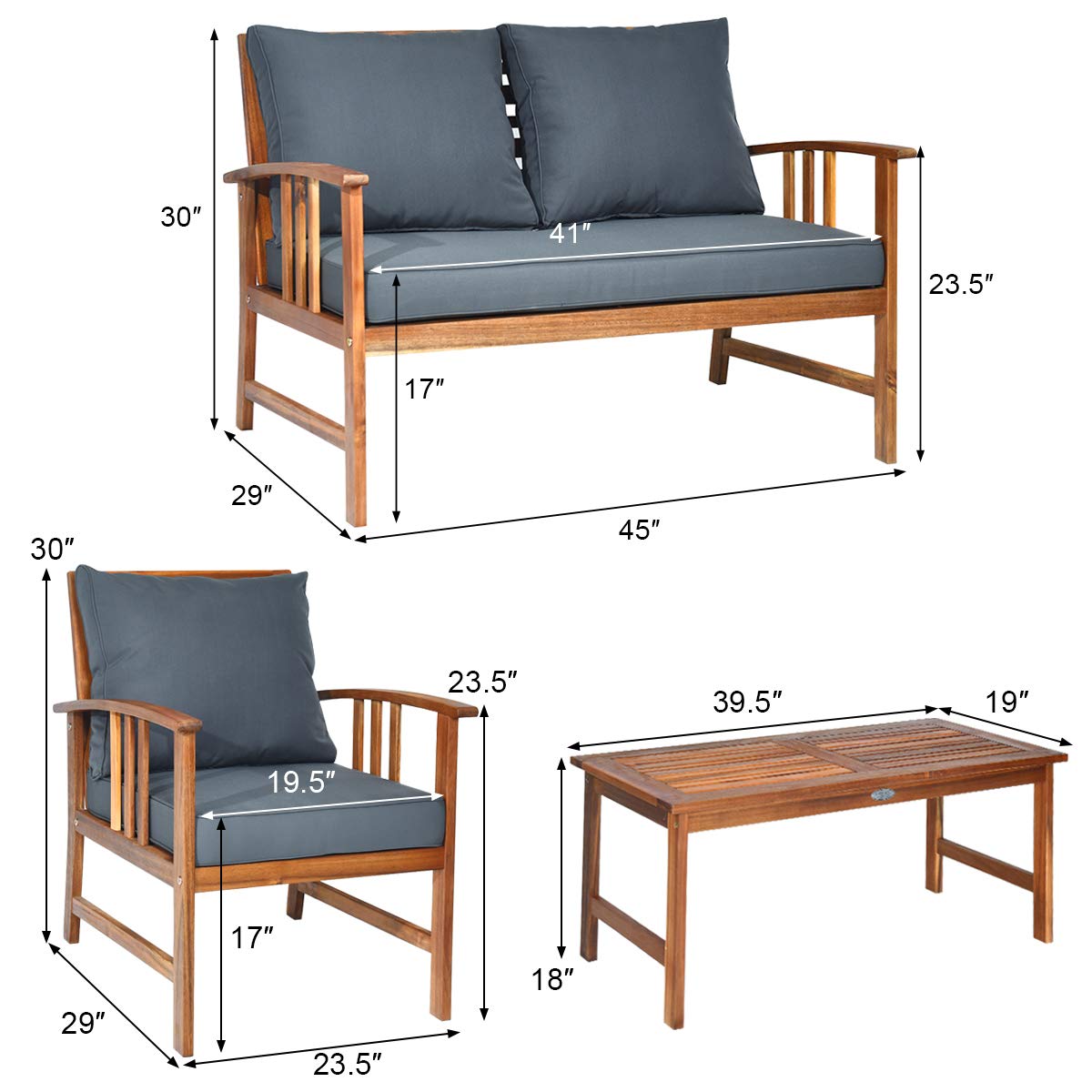 Tangkula 4 PCS Acacia Wood Patio Furniture Set, Outdoor Seating Chat Set with Gray Cushions & Back Pillow, Outdoor Conversation Set with Coffee Table, Ideal for Garden, Backyard, Poolside