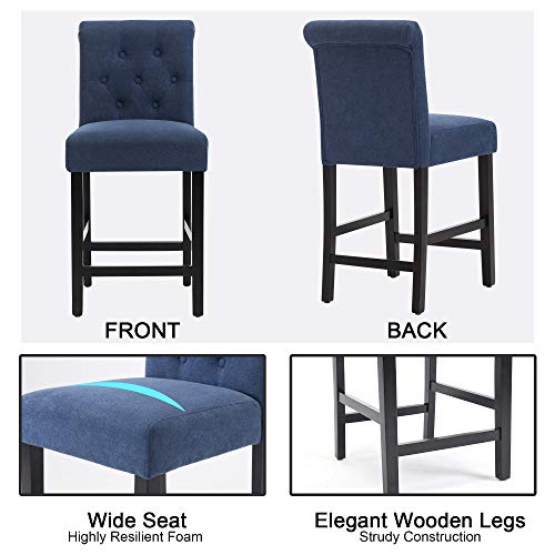 LSSBOUGHT 24 Inches Upholstered Counter Stools, Bar Stools Set of 2, Fabric Counter Stools with Back, Counter Height Bar Chairs with Solid Wood Legs for Home Kitchen Island Dining Room, (2pcs,Blue)