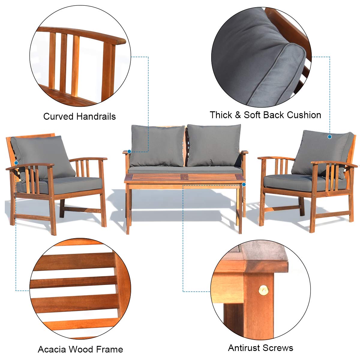 Tangkula 4 PCS Acacia Wood Patio Furniture Set, Outdoor Seating Chat Set with Gray Cushions & Back Pillow, Outdoor Conversation Set with Coffee Table, Ideal for Garden, Backyard, Poolside