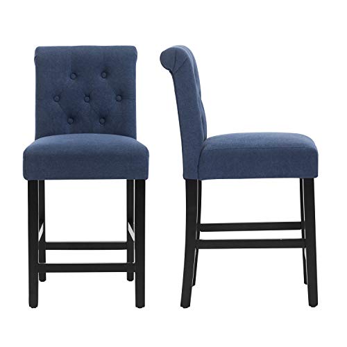 LSSBOUGHT 24 Inches Upholstered Counter Stools, Bar Stools Set of 2, Fabric Counter Stools with Back, Counter Height Bar Chairs with Solid Wood Legs for Home Kitchen Island Dining Room, (2pcs,Blue)