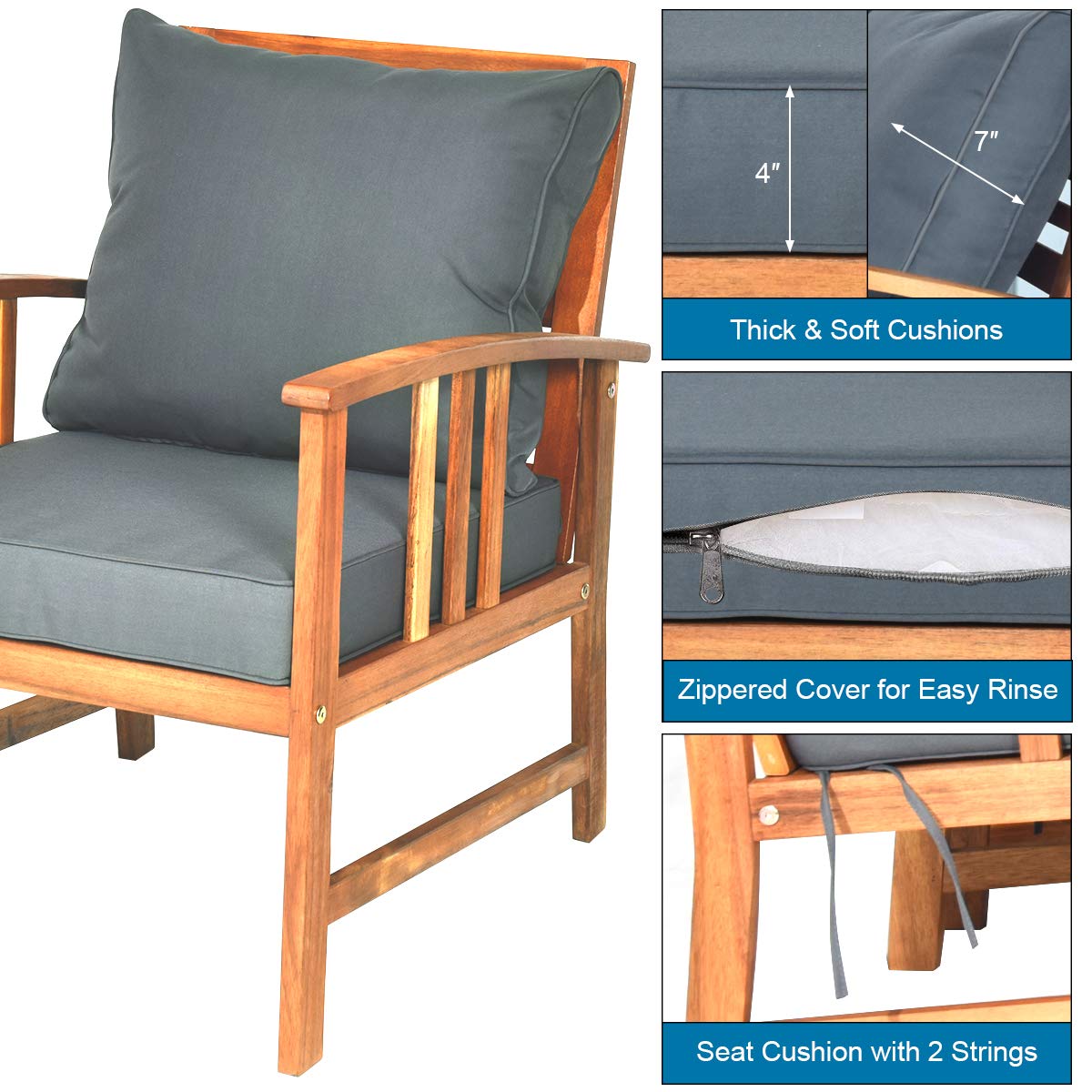 Tangkula 4 PCS Acacia Wood Patio Furniture Set, Outdoor Seating Chat Set with Gray Cushions & Back Pillow, Outdoor Conversation Set with Coffee Table, Ideal for Garden, Backyard, Poolside