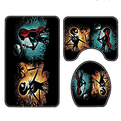 4 Pcs /Set Halloween Bathroom Decor Shower Curtain Sets with Bath Rugs ,Nightmare Before Christmas Bathtub Curtains Area Rug Mats Toilet Seat Cover Hooks Gray Skull Skeleton Blue Yellow (Black)