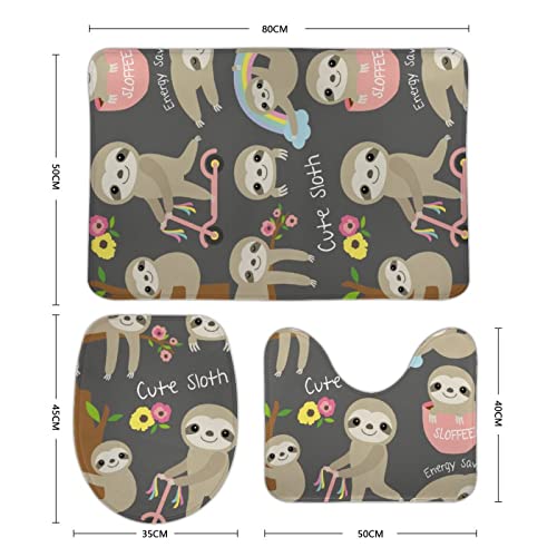 ZOEO Cute Sloth Rainbow Bathroom Rugs Bath Mat Sets 3 Piece for Toilet Large Non Slip Contour Mats U Shaped for Women