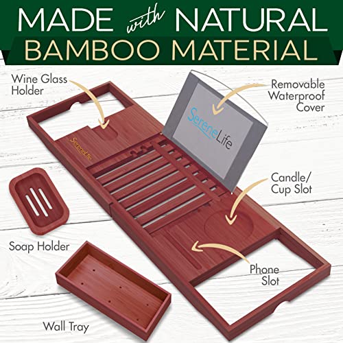 SereneLife Bamboo Bathtub Caddy with Luxury Gift Box and Red Gifting Ribbon Extendable & Adjustable Tray with Device/Book Holder with Removable Trays for Bath Accessories (Stain Brown)