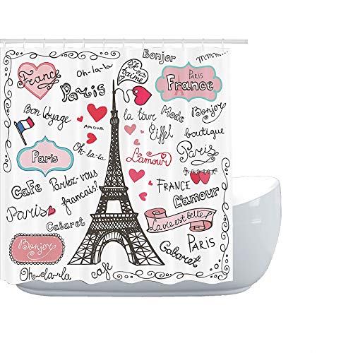 Amagical Paris Tower Decor Collection France Paris Oh La La Eiffel Tower Pattern 3 Piece Bathroom Mat Set Shower Curtain Set Bath Mat Contour Mat and Shower Curtain with 12 Hook