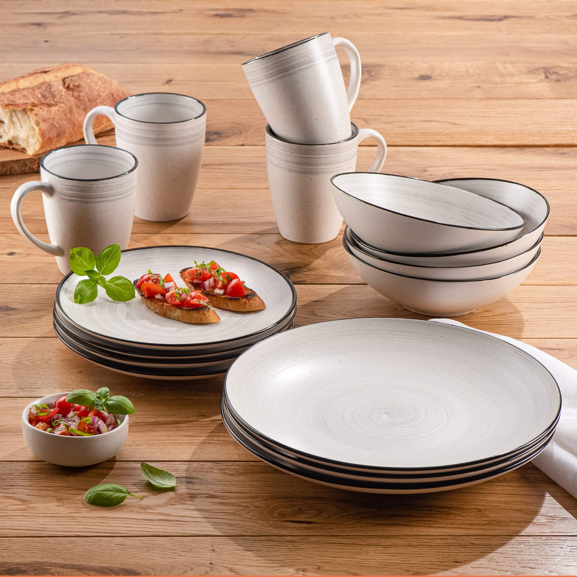 Elle Décor Whitestone Casual Round Dinnerware Set – Stoneware Dinner Party Collection w/ 4 Dinner Plates, 4 Salad Plates, 4 Bowls & 4 Mugs – Unique Gift for Any Special Occasion, 10.5,White, 16-Piece