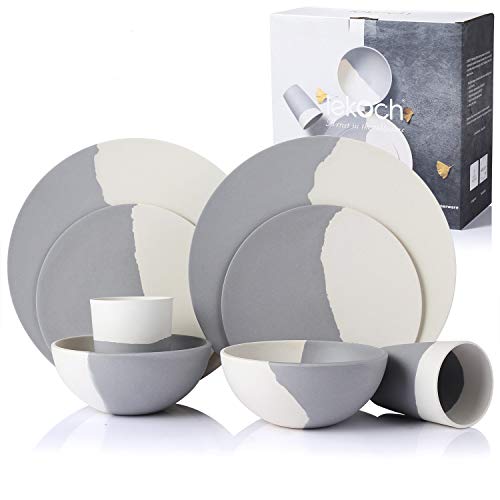 LEKOCH 8 pcs Grey White Bamboo Dinnerware Set,Eco-friendly Reusable Bamboo Outdoor Dinnerwareses for 2 Person Bamboo Fiber Plate Dish Set