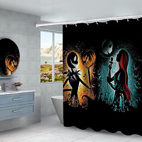 4 Pcs /Set Halloween Bathroom Decor Shower Curtain Sets with Bath Rugs ,Nightmare Before Christmas Bathtub Curtains Area Rug Mats Toilet Seat Cover Hooks Gray Skull Skeleton Blue Yellow (Black)