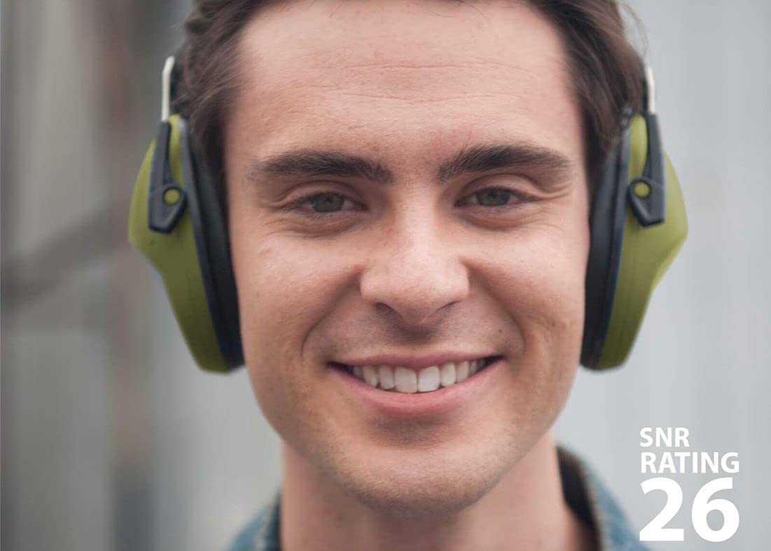 Earmuff hearing protection with low profile passive folding design 26dB NRR and reduces up to 125dB , Army Green
