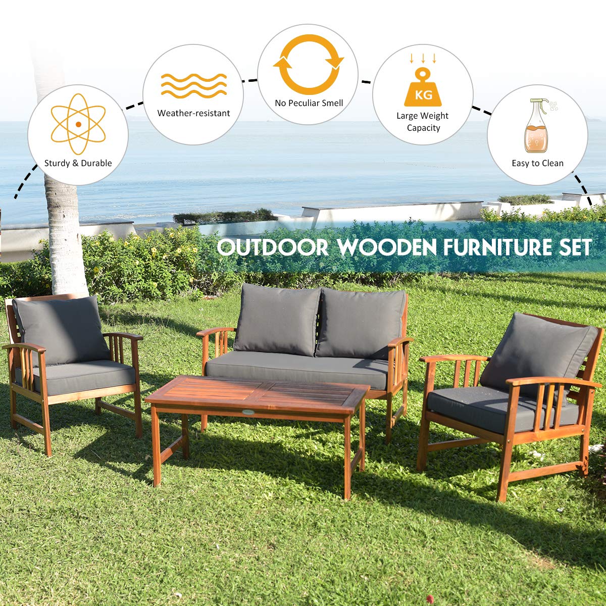 Tangkula 4 PCS Acacia Wood Patio Furniture Set, Outdoor Seating Chat Set with Gray Cushions & Back Pillow, Outdoor Conversation Set with Coffee Table, Ideal for Garden, Backyard, Poolside