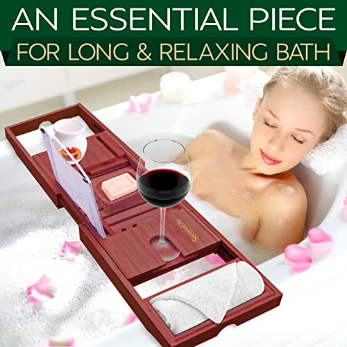 SereneLife Bamboo Bathtub Caddy with Luxury Gift Box and Red Gifting Ribbon Extendable & Adjustable Tray with Device/Book Holder with Removable Trays for Bath Accessories (Stain Brown)