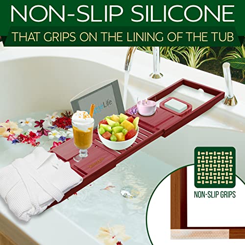 SereneLife Bamboo Bathtub Caddy with Luxury Gift Box and Red Gifting Ribbon Extendable & Adjustable Tray with Device/Book Holder with Removable Trays for Bath Accessories (Stain Brown)