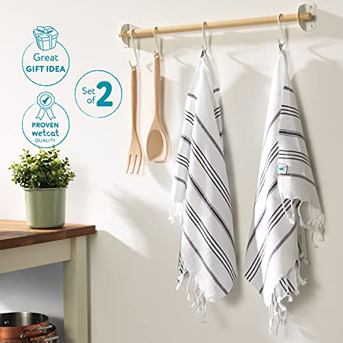 WETCAT Turkish Hand Towels with Hanging Loop (20 x 30) - Set of 2, 100% Cotton, Soft - Pre Washed Boho Farmhouse Kitchen Towels - Unique Decorative Hand Towels for Bathroom (Black & White)