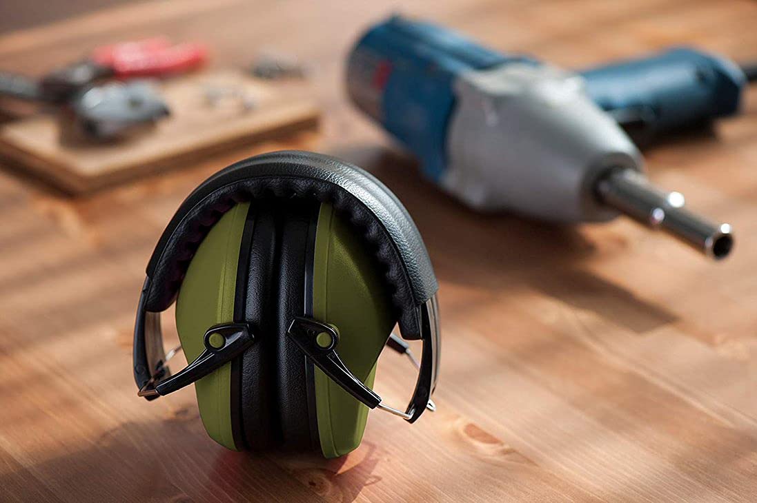 Earmuff hearing protection with low profile passive folding design 26dB NRR and reduces up to 125dB , Army Green