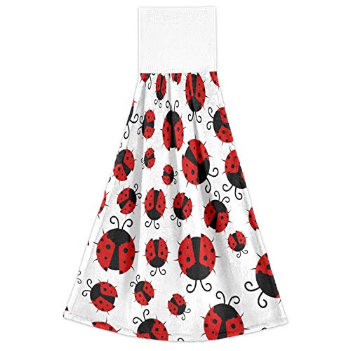 Red Ladybugs Texture 2 Pcs Hanging Kitchen Hand Towels, Hanging Tie Towels with Hook & Loop Washcloth Dishcloths Sets Decorative Absorbent Tea Bar Bath Hand Towel